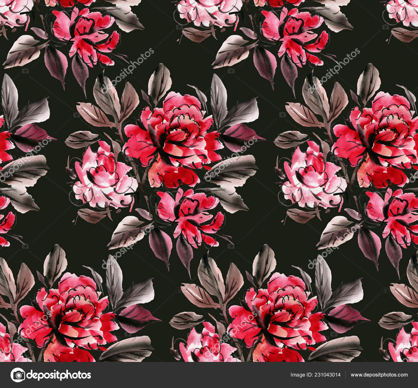 Seamless Pattern Red Watercolor Flowers Black Background Hand Drawn ...