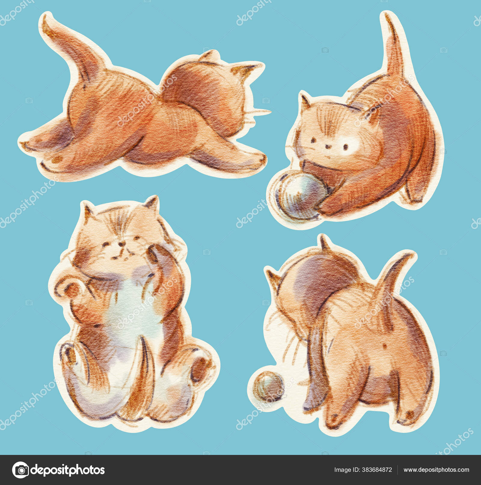 Set Stickers Cute Red Cats Drawing Pencils Watercolors Stock ...