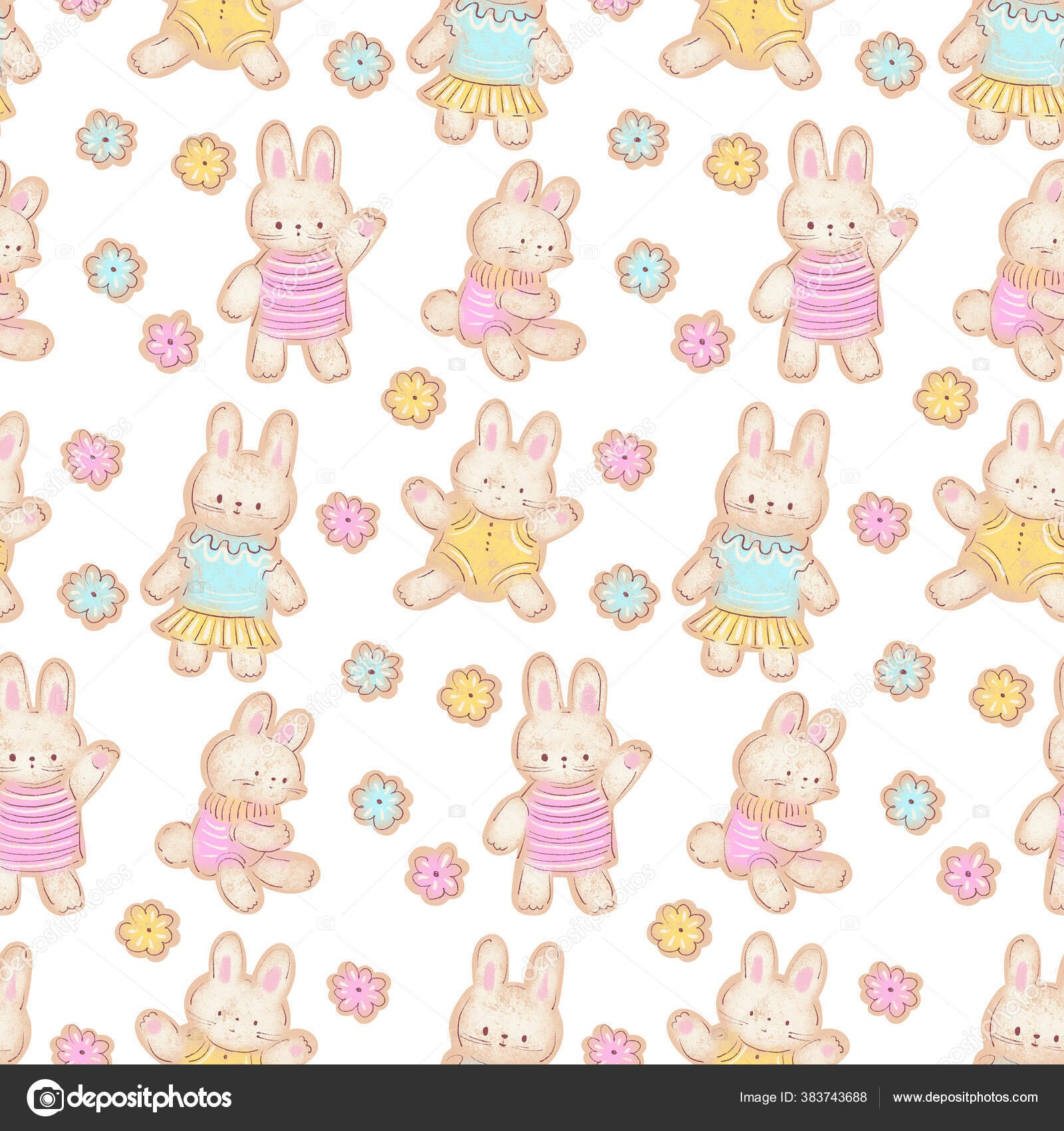 Seamless Pattern Funny Cartoon Bunnies Drawing Pastels Hand Drawn ...