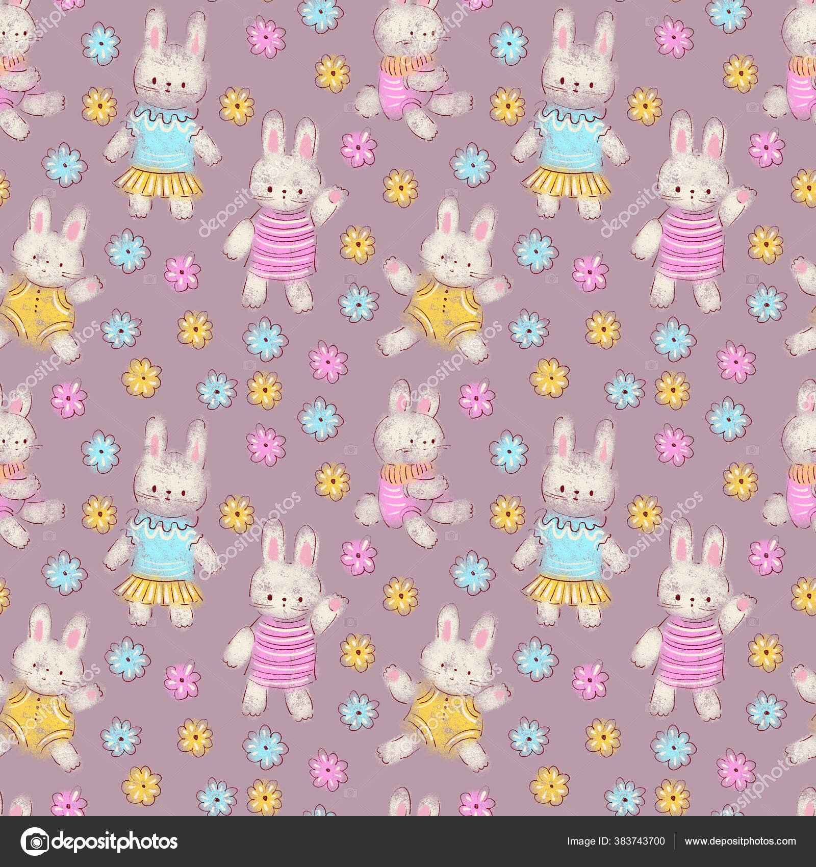 Seamless Pattern Funny Cartoon Bunnies Drawing Pastels Hand Drawn ...