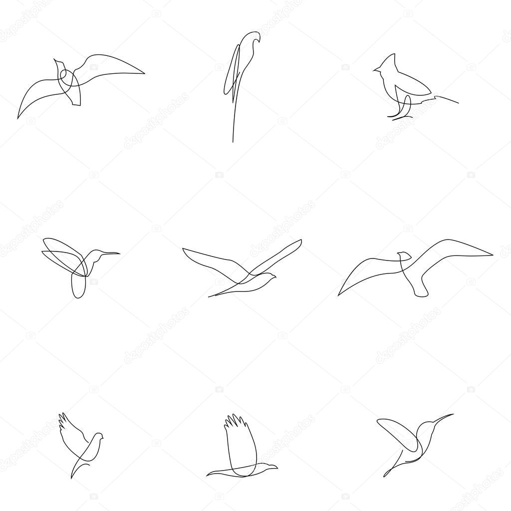 Set de aves de una línea. Colección de aves. Ilustración vectorial ...