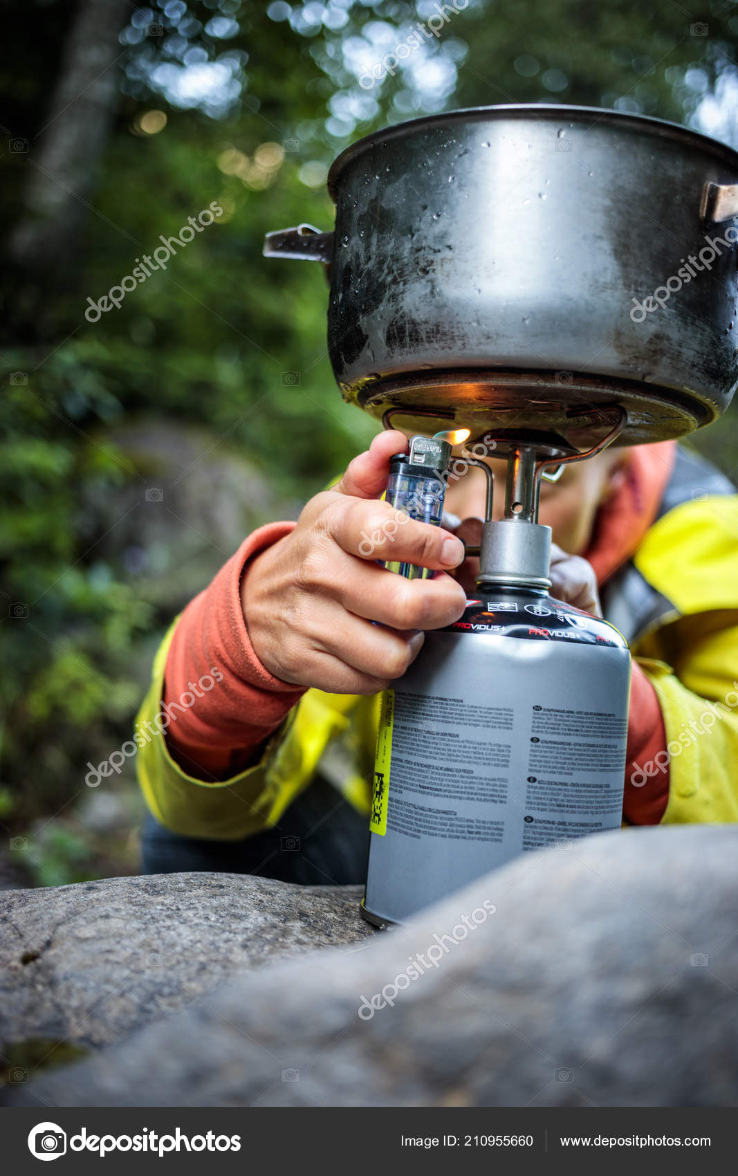 Female Hiker Climber Preparing Supper Gas Burner Camp — Stock Photo ...