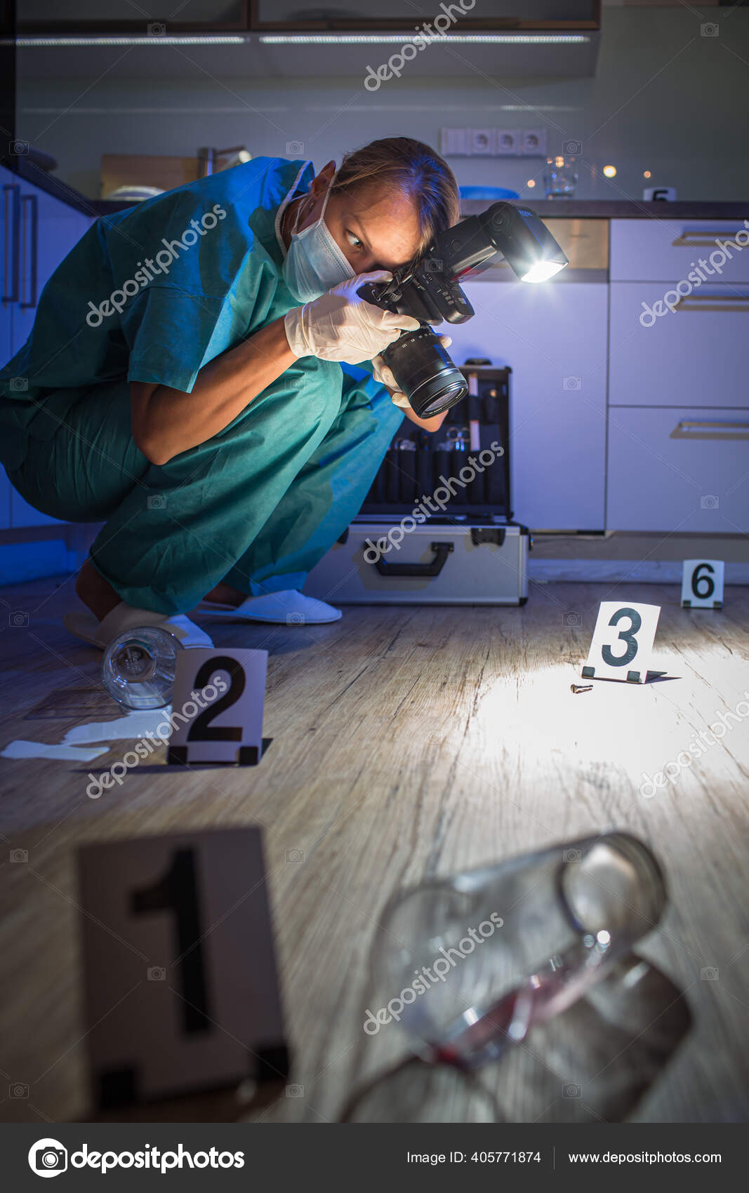 Forensic Specialist Protective Suit Taking Photos Crime Scene — Stock ...
