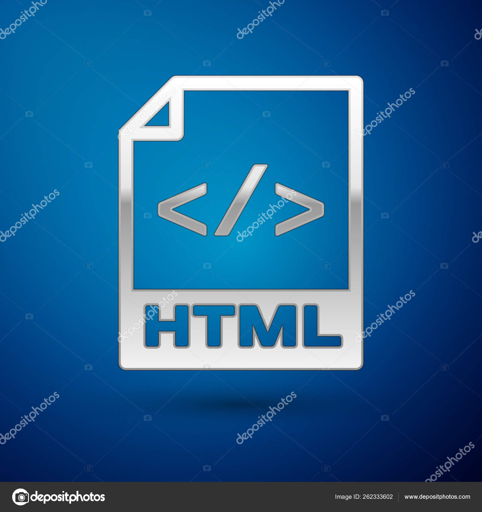 Silver HTML file document icon. Download html button icon isolated on blue background. HTML file ...