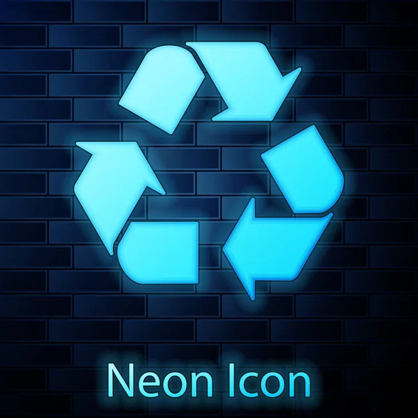 Glowing neon Recycle symbol icon isolated on brick wall background ...