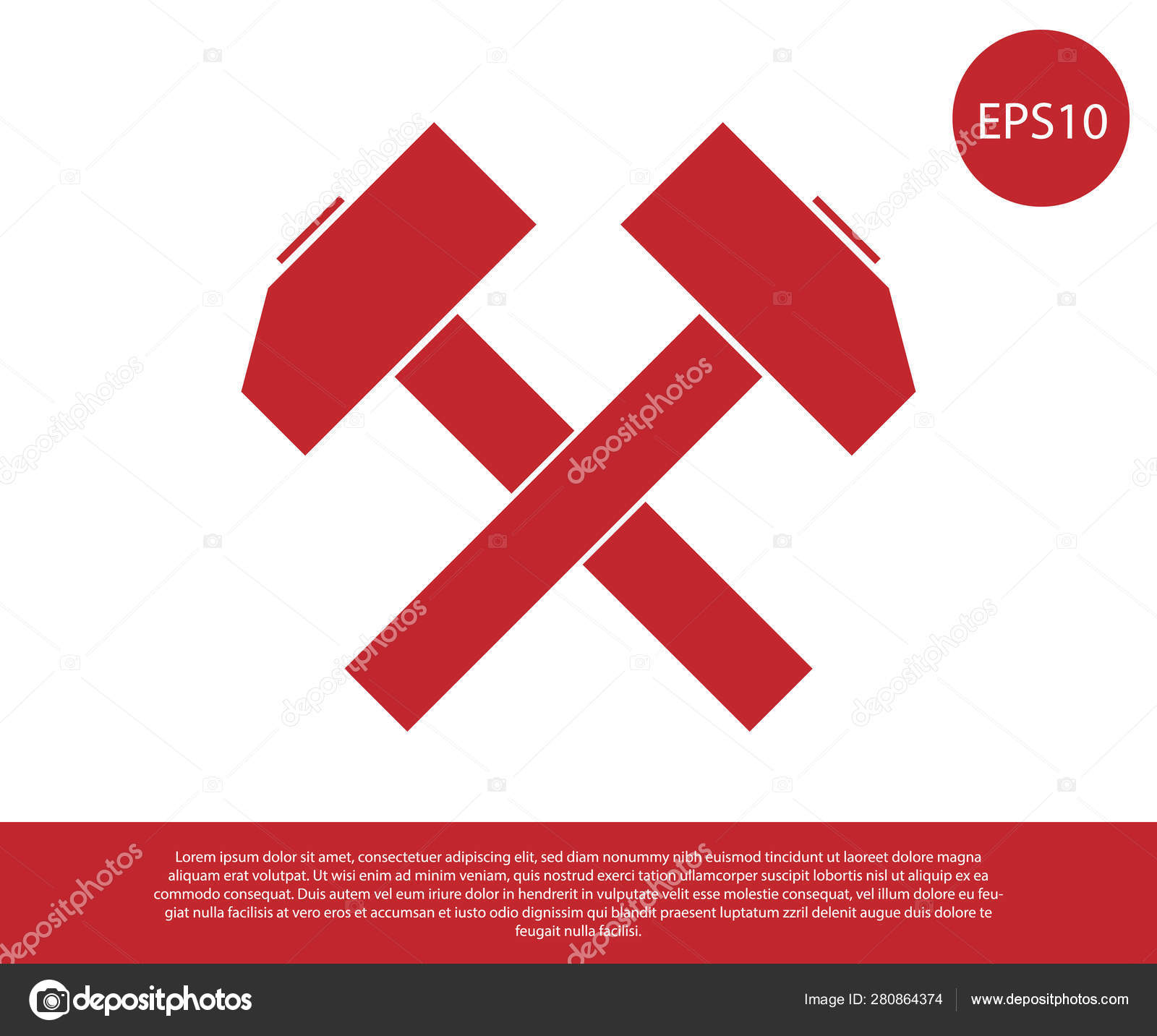 Red Two crossed hammers icon isolated on white background. Tool for ...