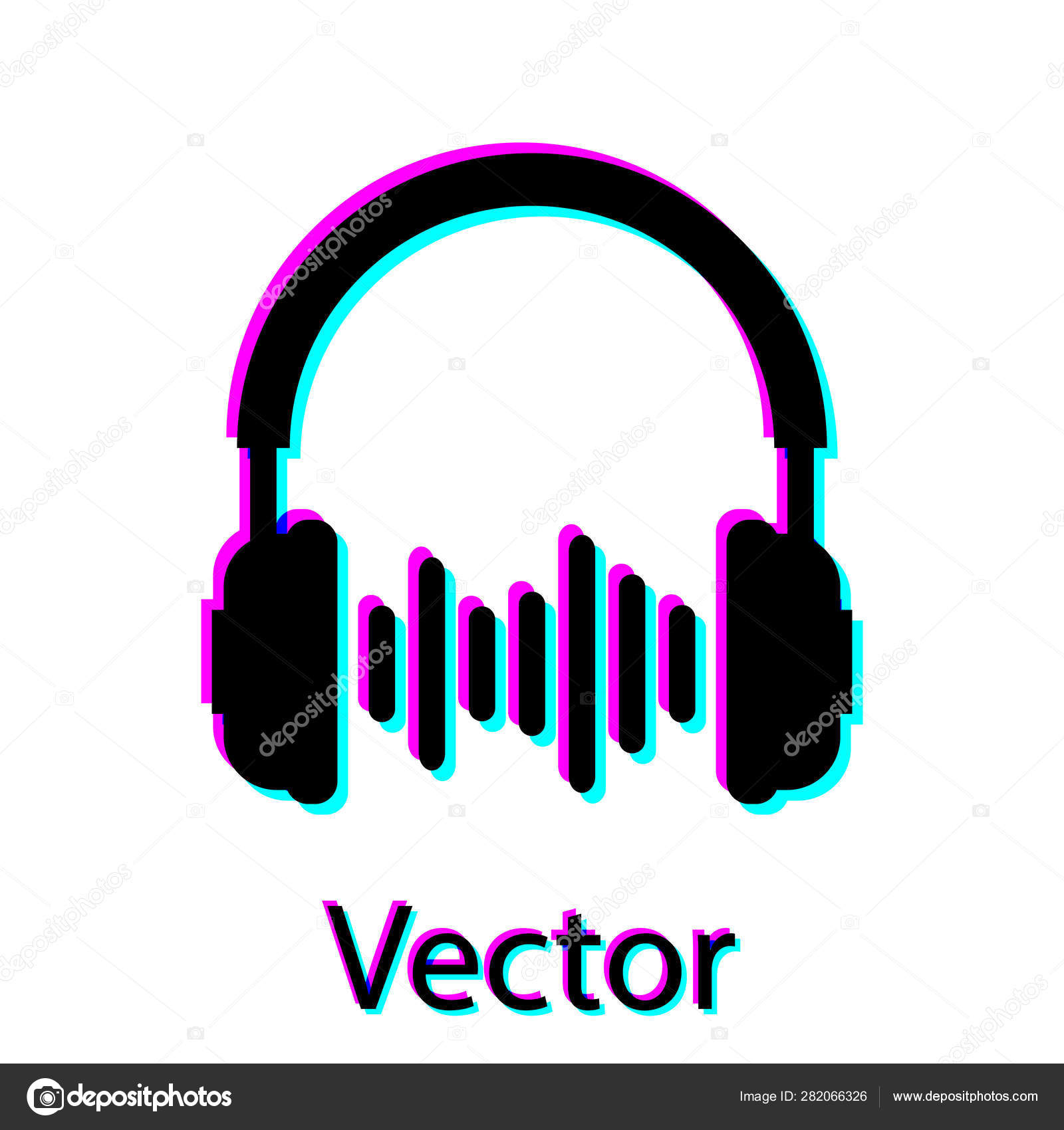 Black Headphone and sound waves icon on white background. Earphone sign ...