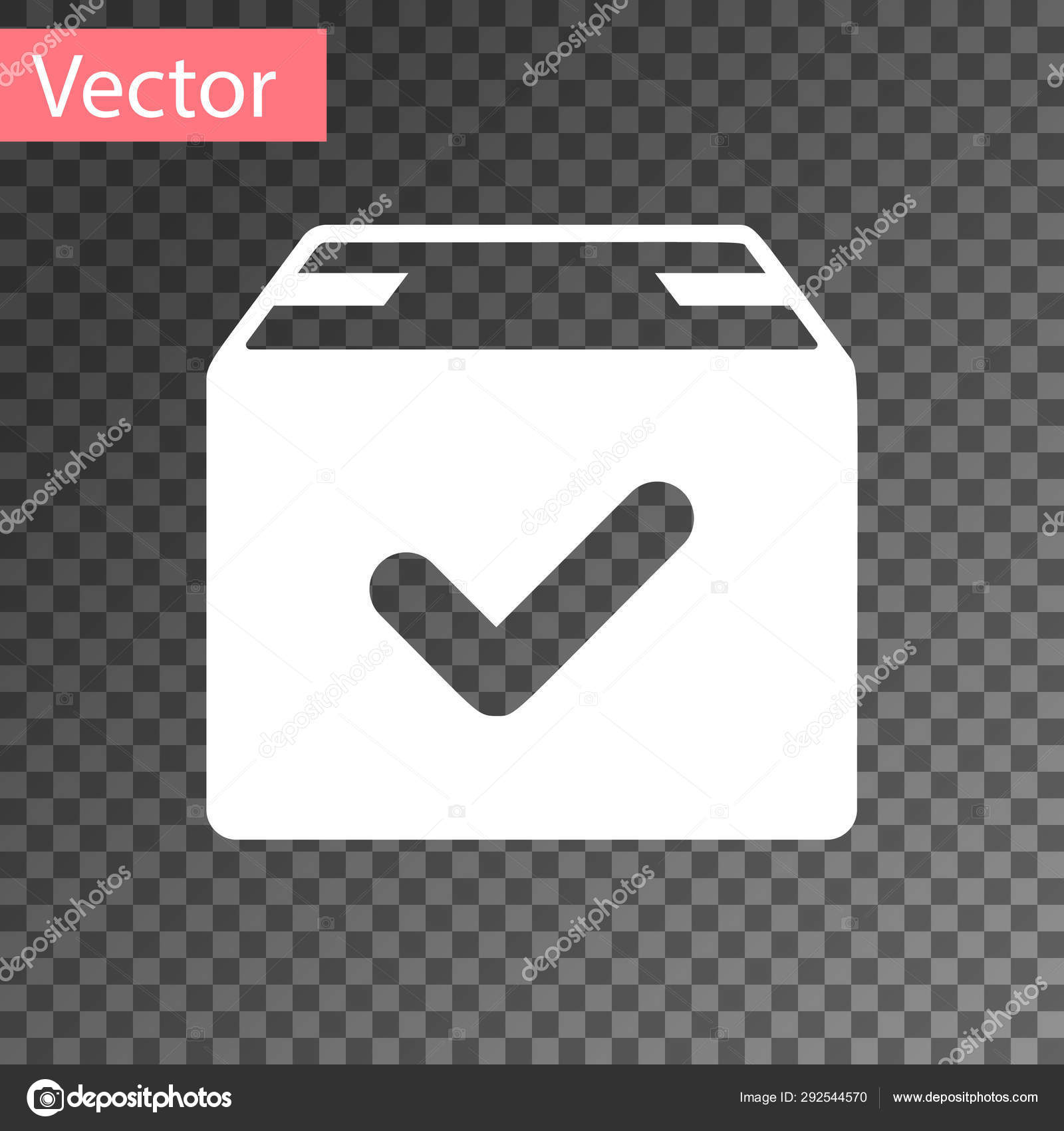 Boîte d'emballage blanche avec icône de coche isolée sur fond ...