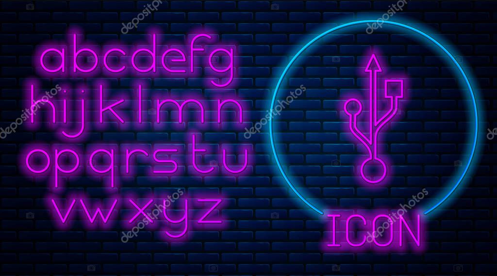 Icono de símbolo USB de neón brillante aislado en el fondo de la pared ...