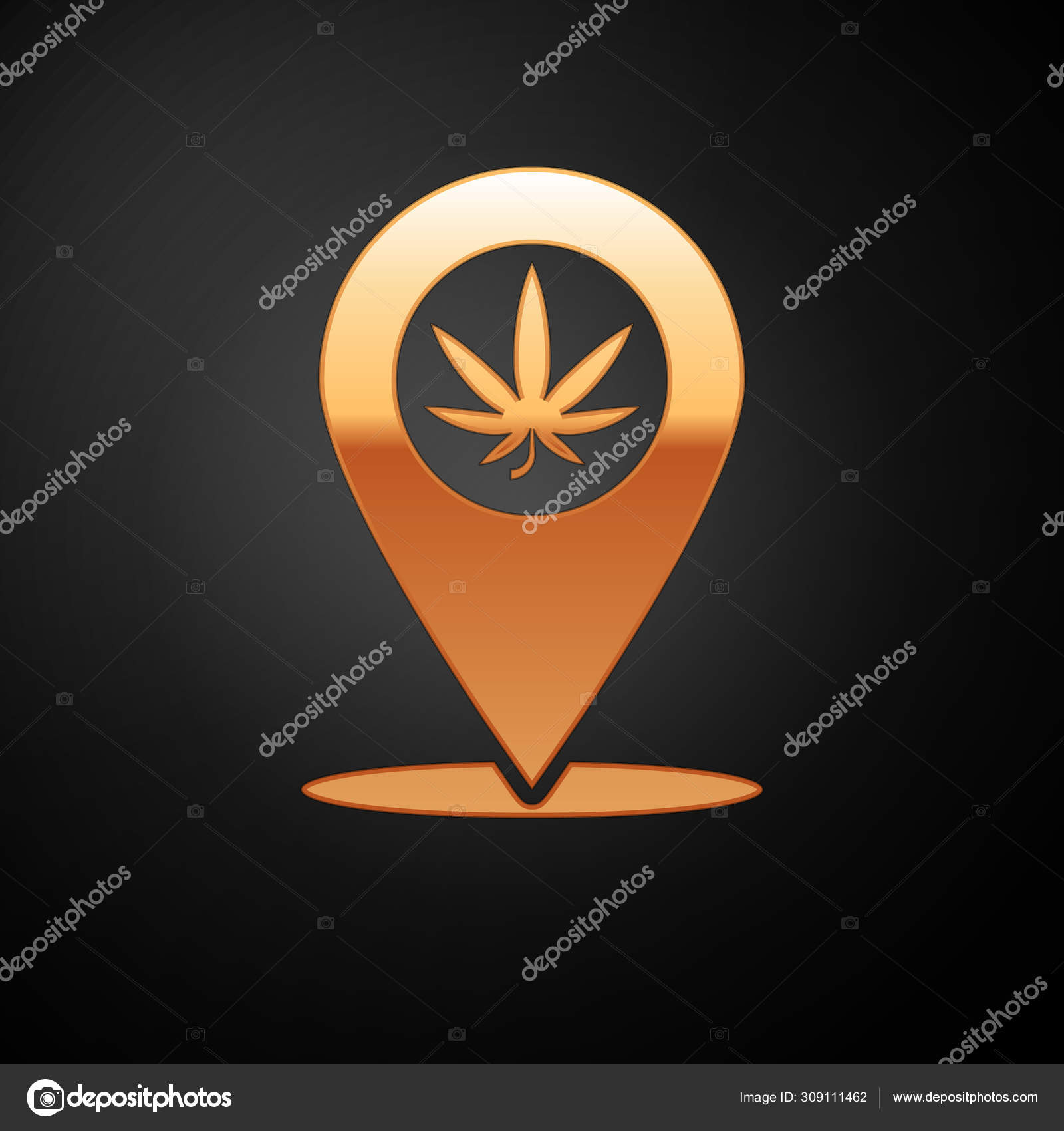 Gold Map pointer and marijuana or cannabis leaf icon isolated on black ...