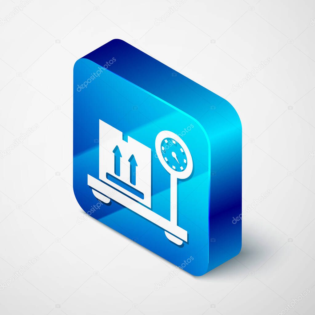 Escala isom trica con icono de caja de cart n aislado sobre fondo blanco. Log stica y entrega ...