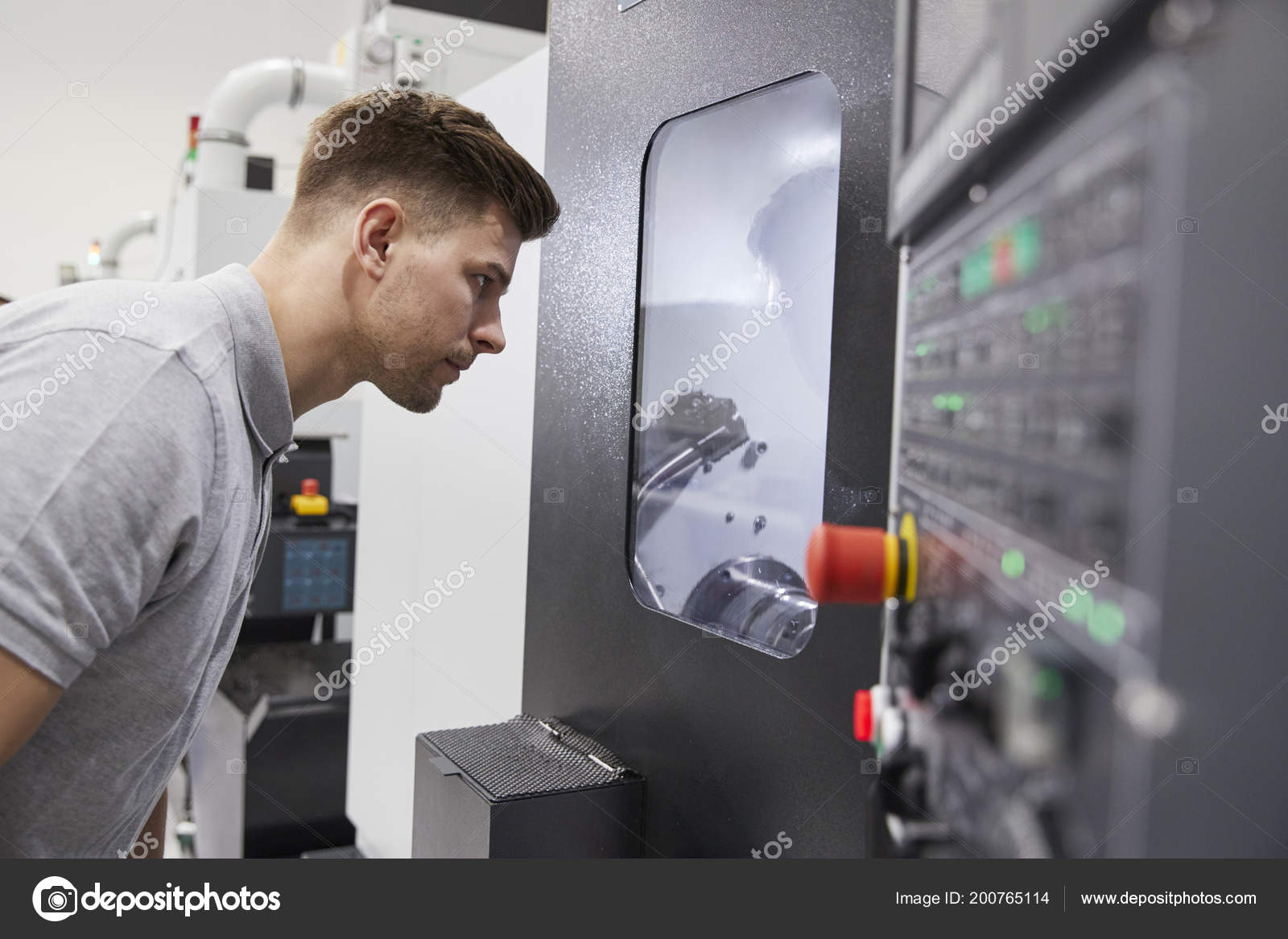 Male Engineer Watching Progress Cnc Machinery Factory Stock Photo by ...