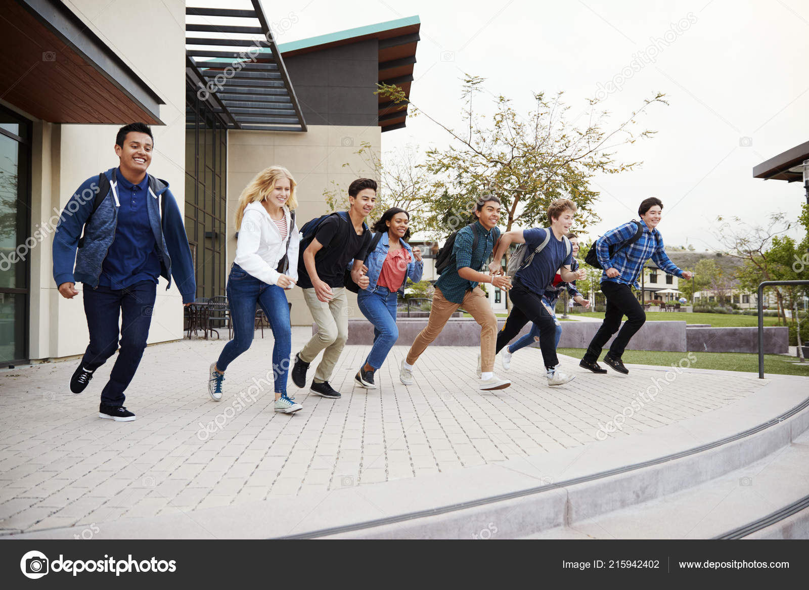Group High School Students Running Steps College Buildings — Stock ...