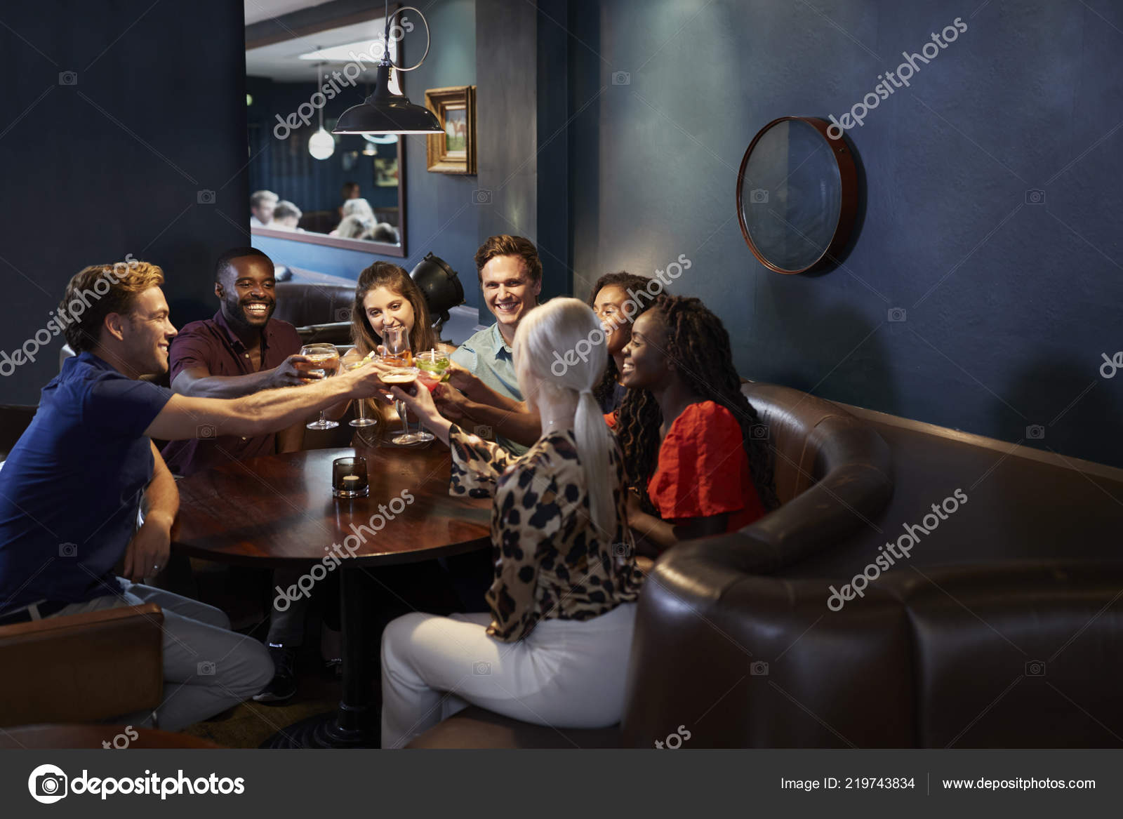 Group Young Friends Sitting Table Making Toast Bar Night Out — Stock ...