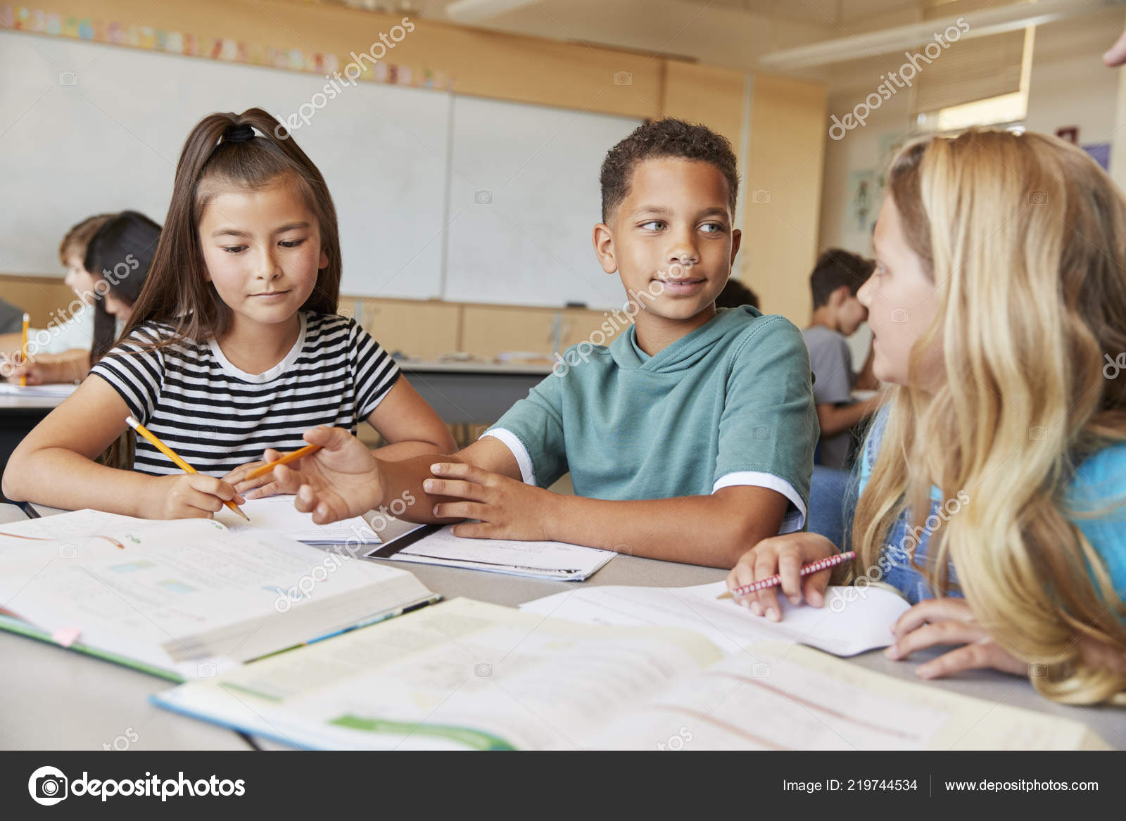 Elementary School Kids Class Working Together Desk Stock Photo by ...