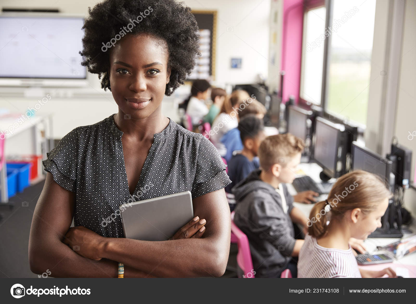 Portrait Female Teacher Holding Digital Tablet Teaching Line High ... Portrait Female Teacher Holding Digital Tablet Teaching Line High ...