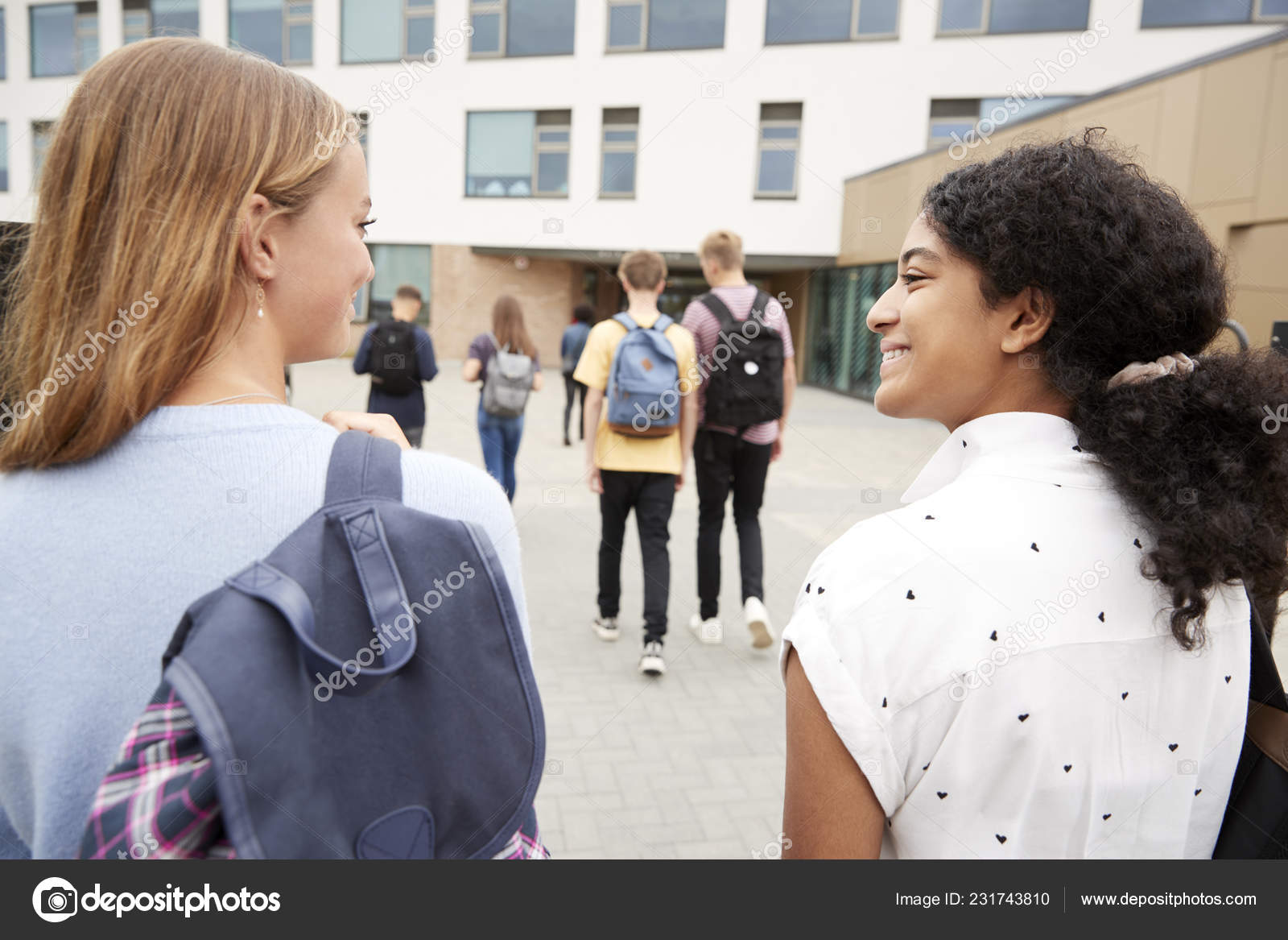 Rear View Two Female High School Students Walking College Building ...