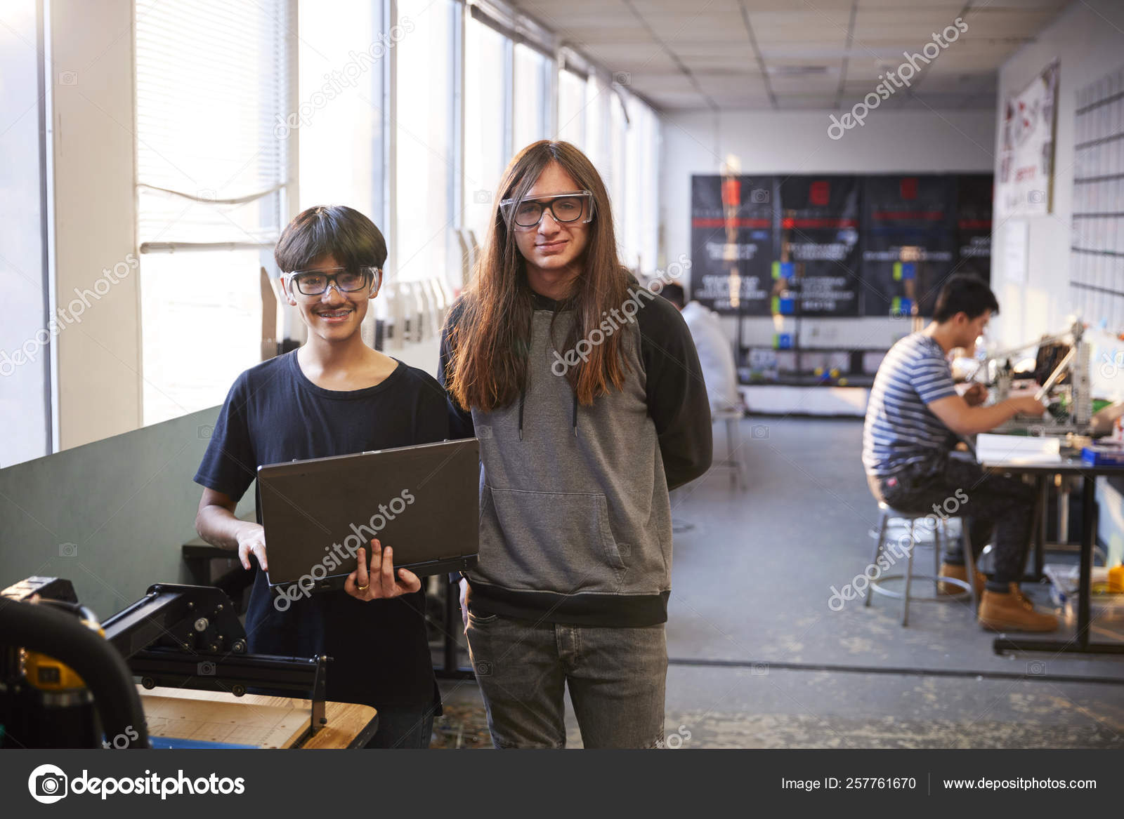 Portrait Male College Students Computer Controlled Rig Science Robotics ...