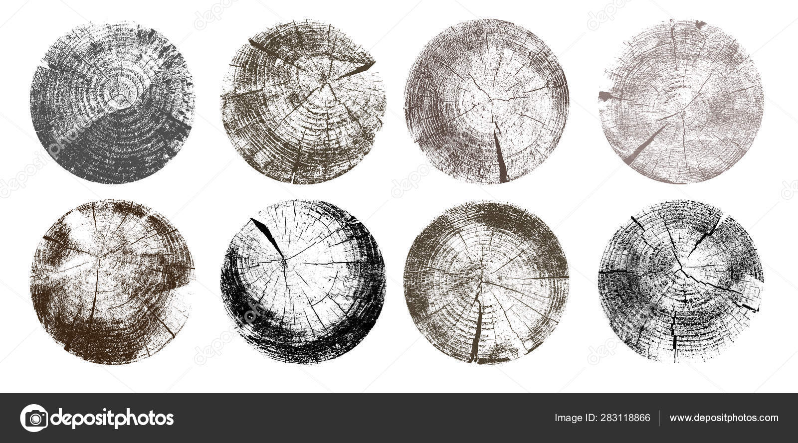 Set Tree Rings Black Gray Wood Texture Wavy Ring Pattern Stock Vector ...