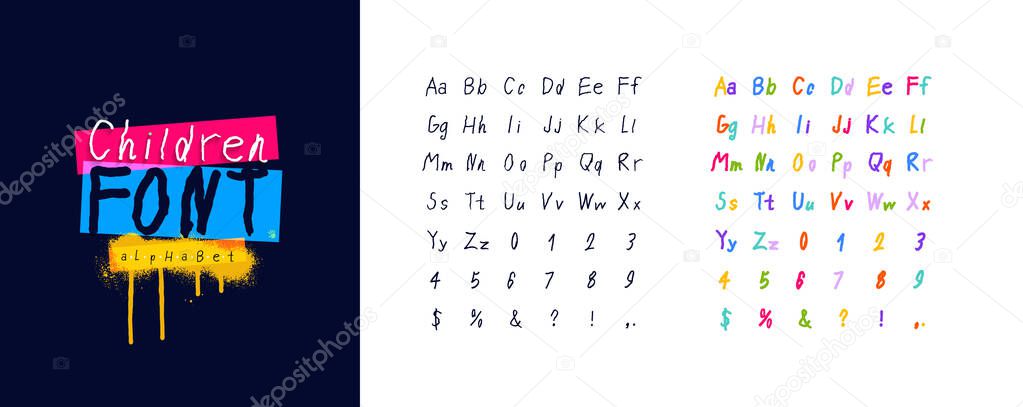 Conjunto de fuente infantil en estilo cartoon. Niños multicolores ...
