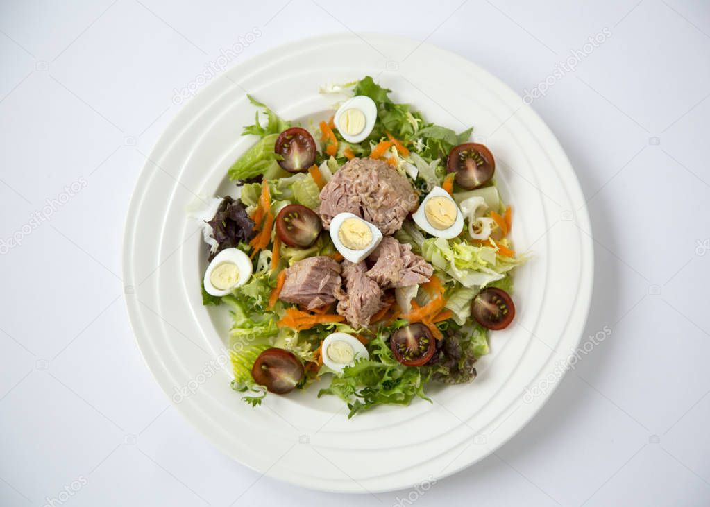 Ensalada de carne de atún fresca y ligera con lechuga, huevos y tomates ...