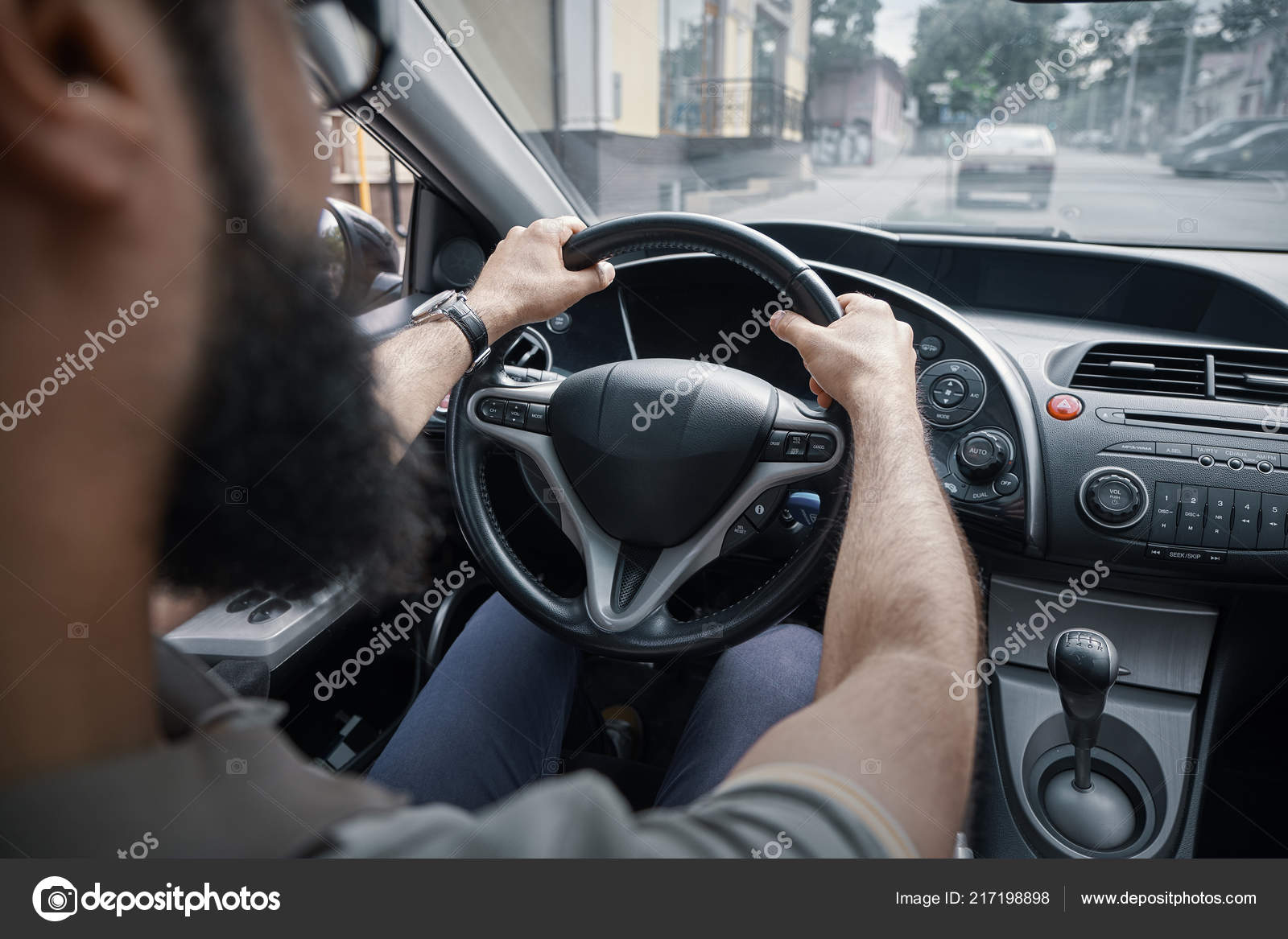 Side Back View Man Driving Watching Road Accent Hands Holding Stock ...
