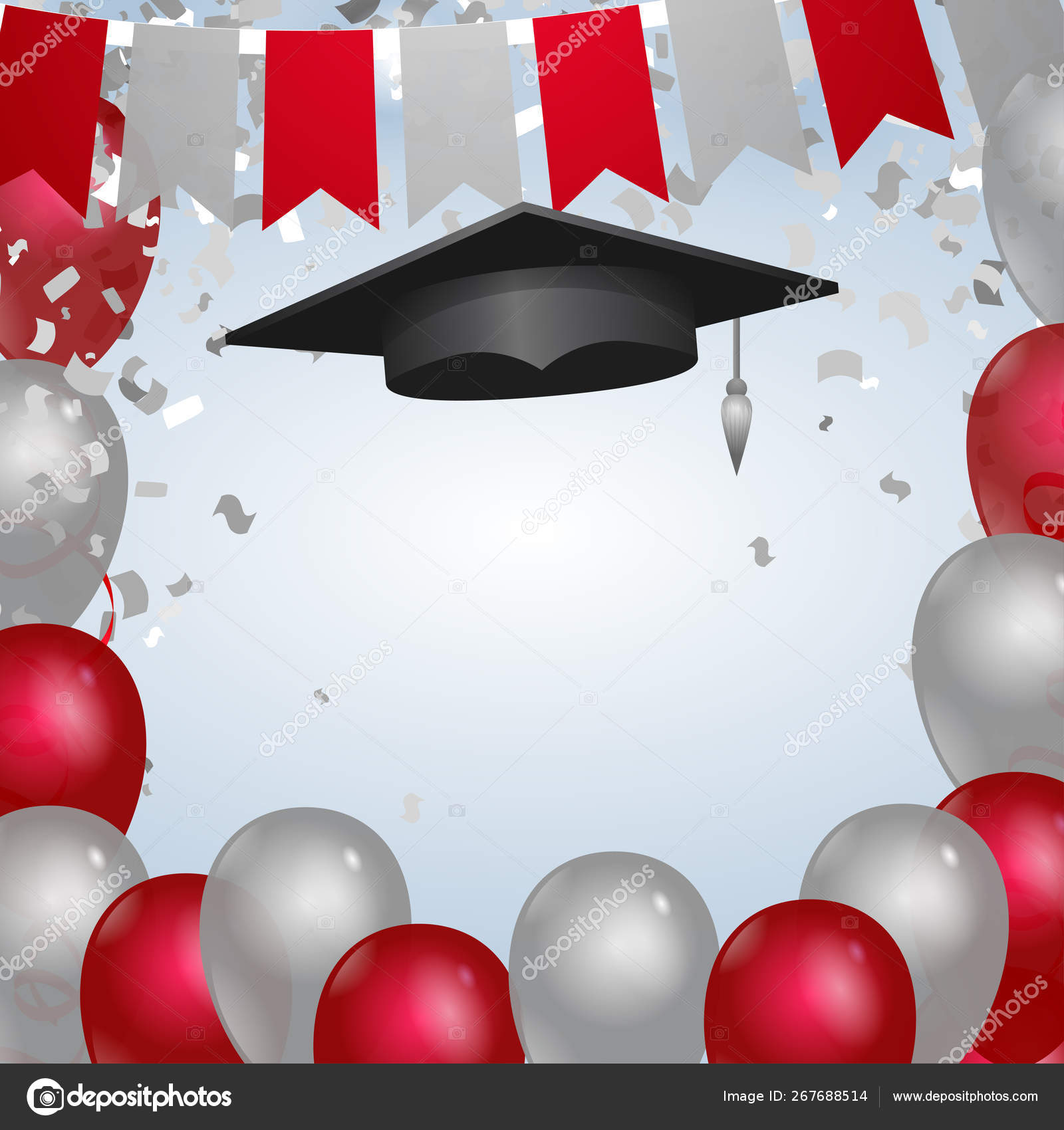 Red and silver graduation template with cap and balloons Stock Vector ...