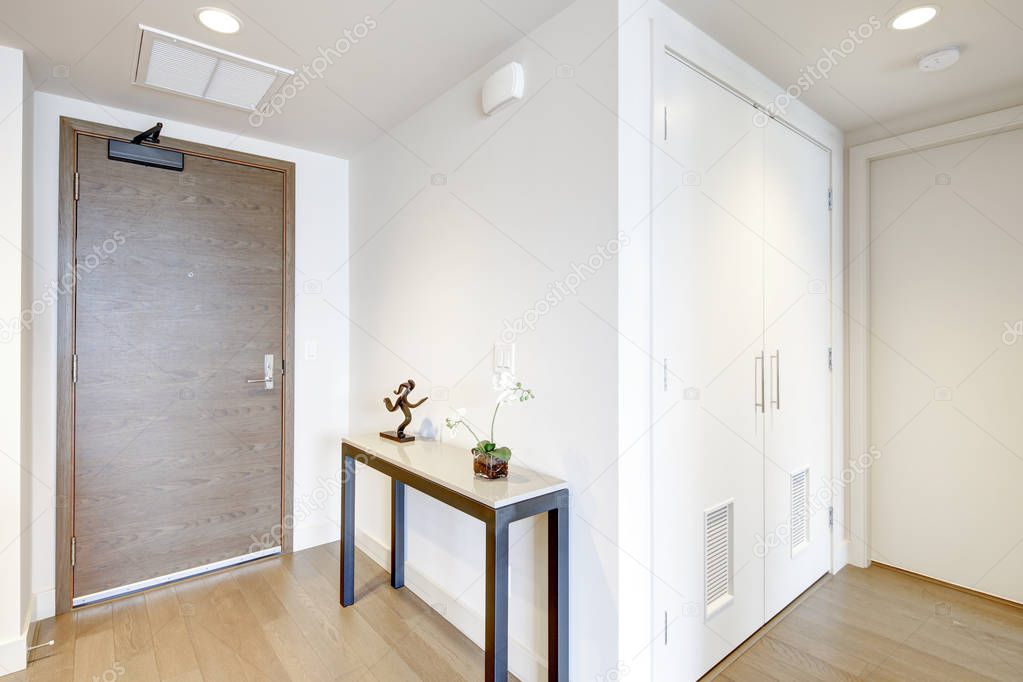 Condominio blanco hall de entrada cuenta con mesa de consola en la ...