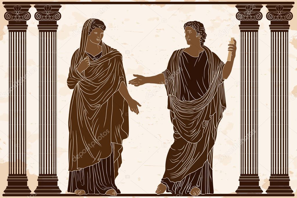 Un poeta griego antiguo con un pergamino de papiro en sus manos lee ...