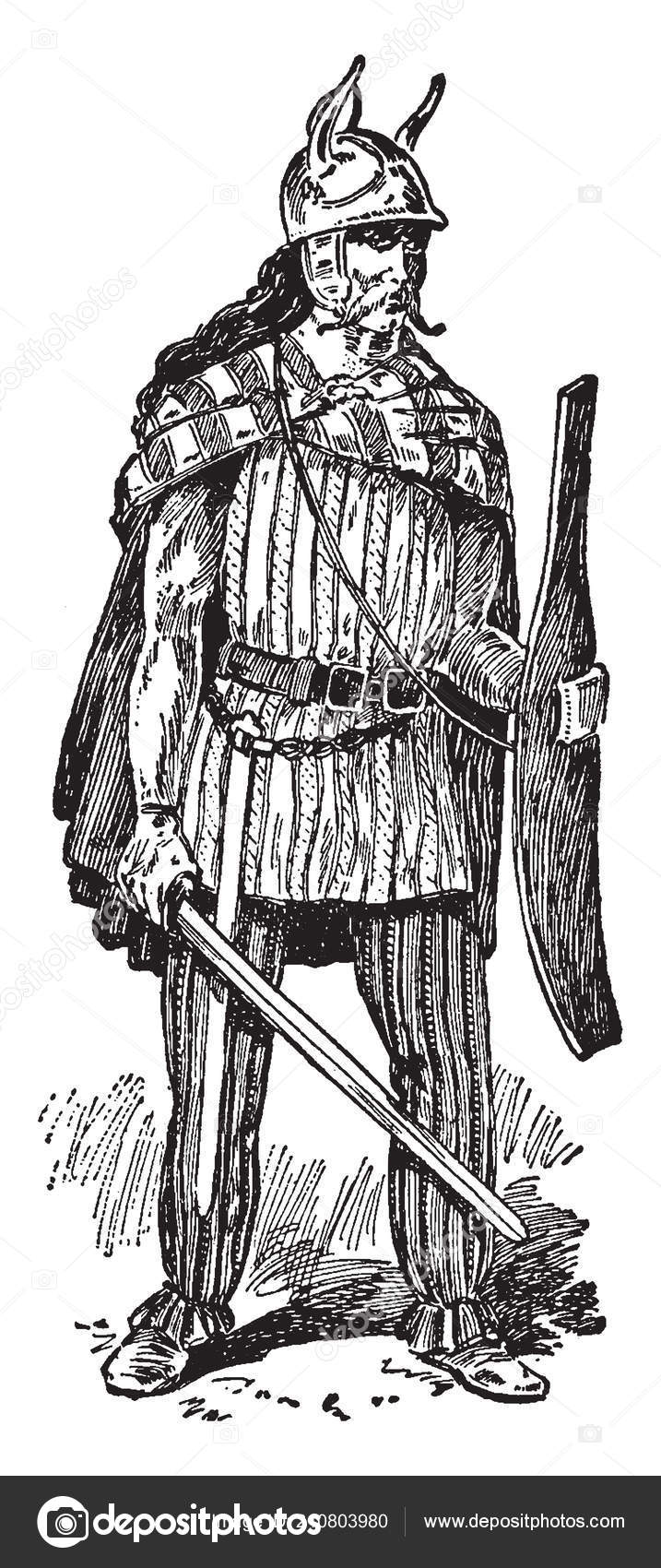 Soldier Horned Helmet Carrying Shield Sword Hands Vintage Line Drawing ...