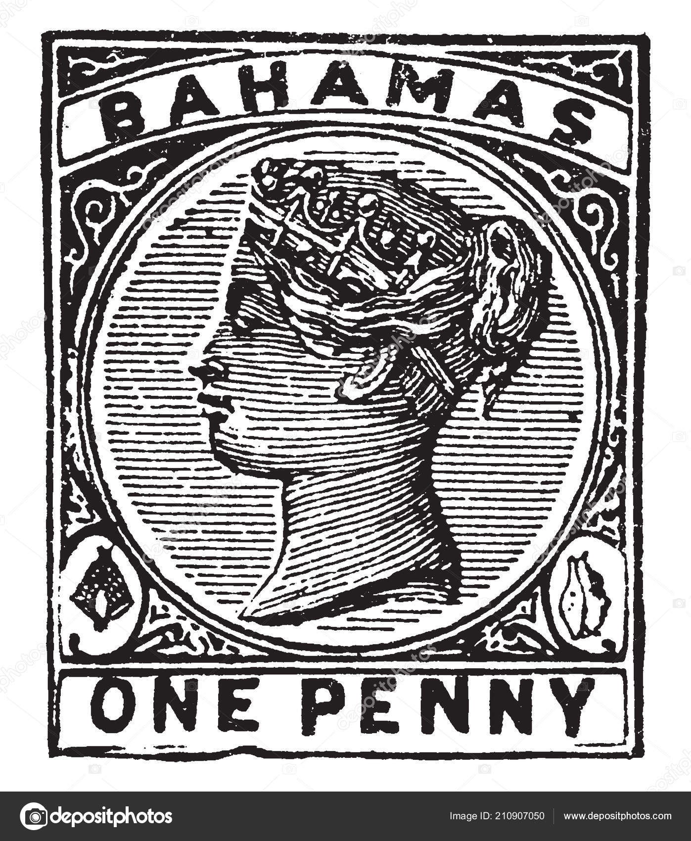 Illustration Represents Bahamas One Penny Stamp 1884 Vintage Line ...