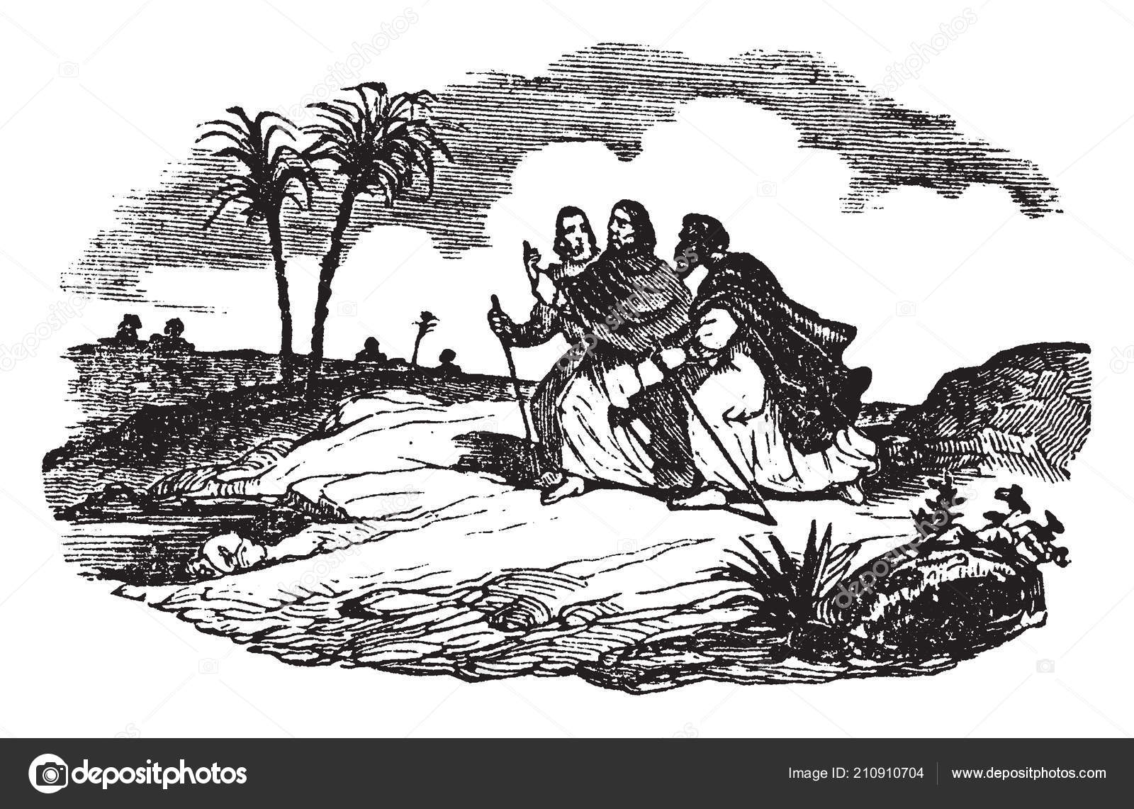 Jesus Walking Two Disciples Two Men Hold Walking Sticks Two Stock ...