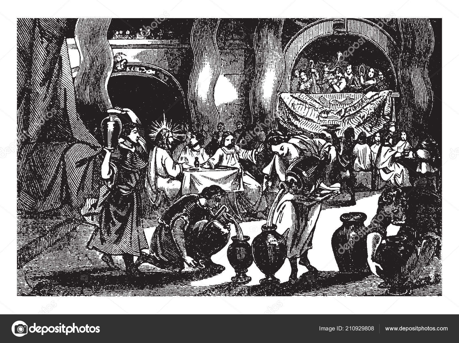 Jesus Rest Guests Sit Feasting Tables People Pouring Water Pots Stock ...