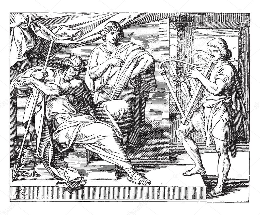 David tocando el arpa antes de Saúl, esta escena muestra al rey sentado ...