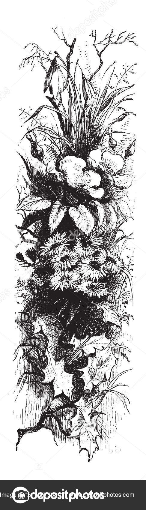 Flowers Tree Design Vintage Line Drawing Engraving Illustration Stock ...