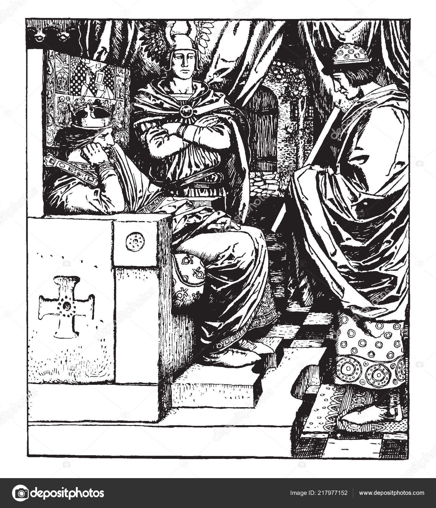 King Sitting Chair Man Standing Front Him Showing Something Him Stock ...