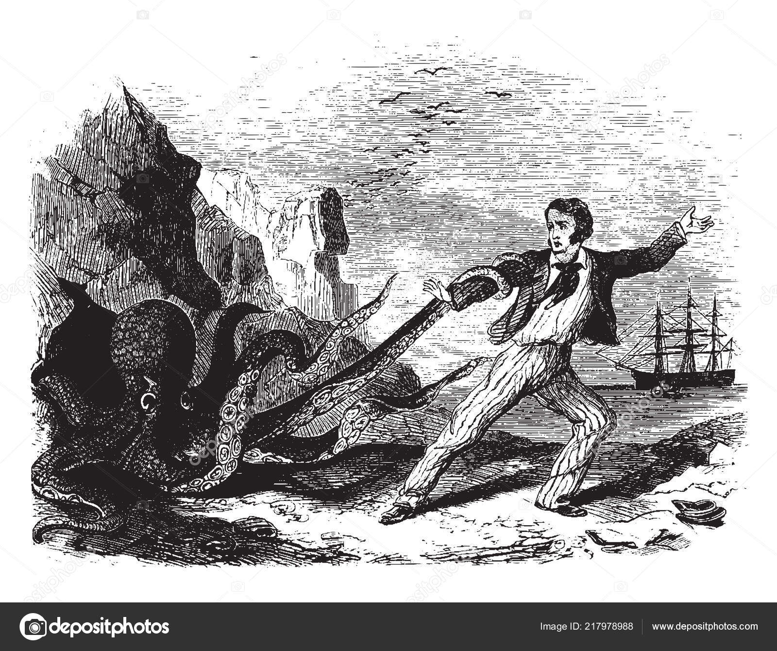 Cuttlefish Man Man Grasp Large Cuttlefish Sea Shore Vintage Line Stock ...