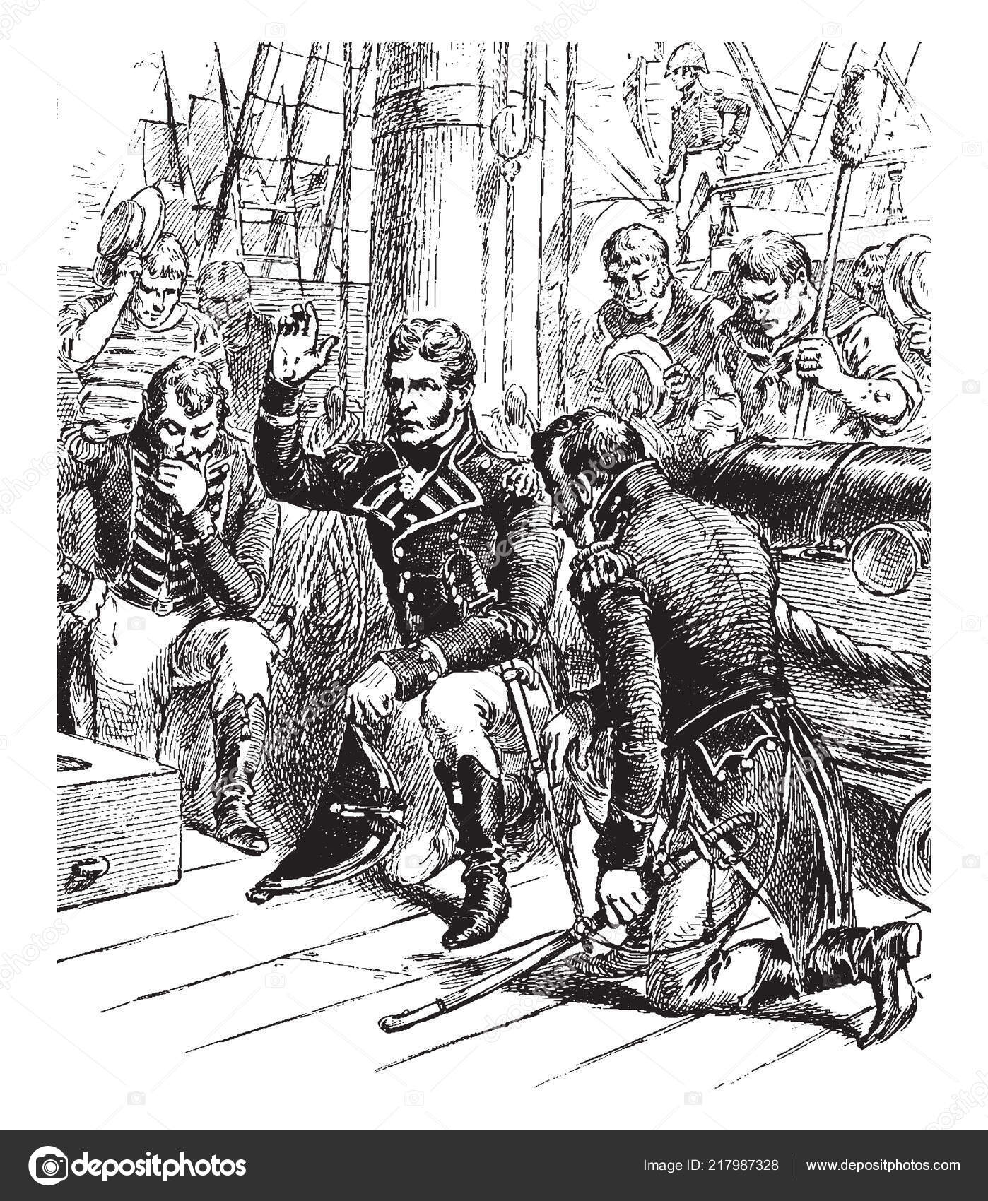 Crew Ship Praying Heading Battle Vintage Line Drawing Engraving ...