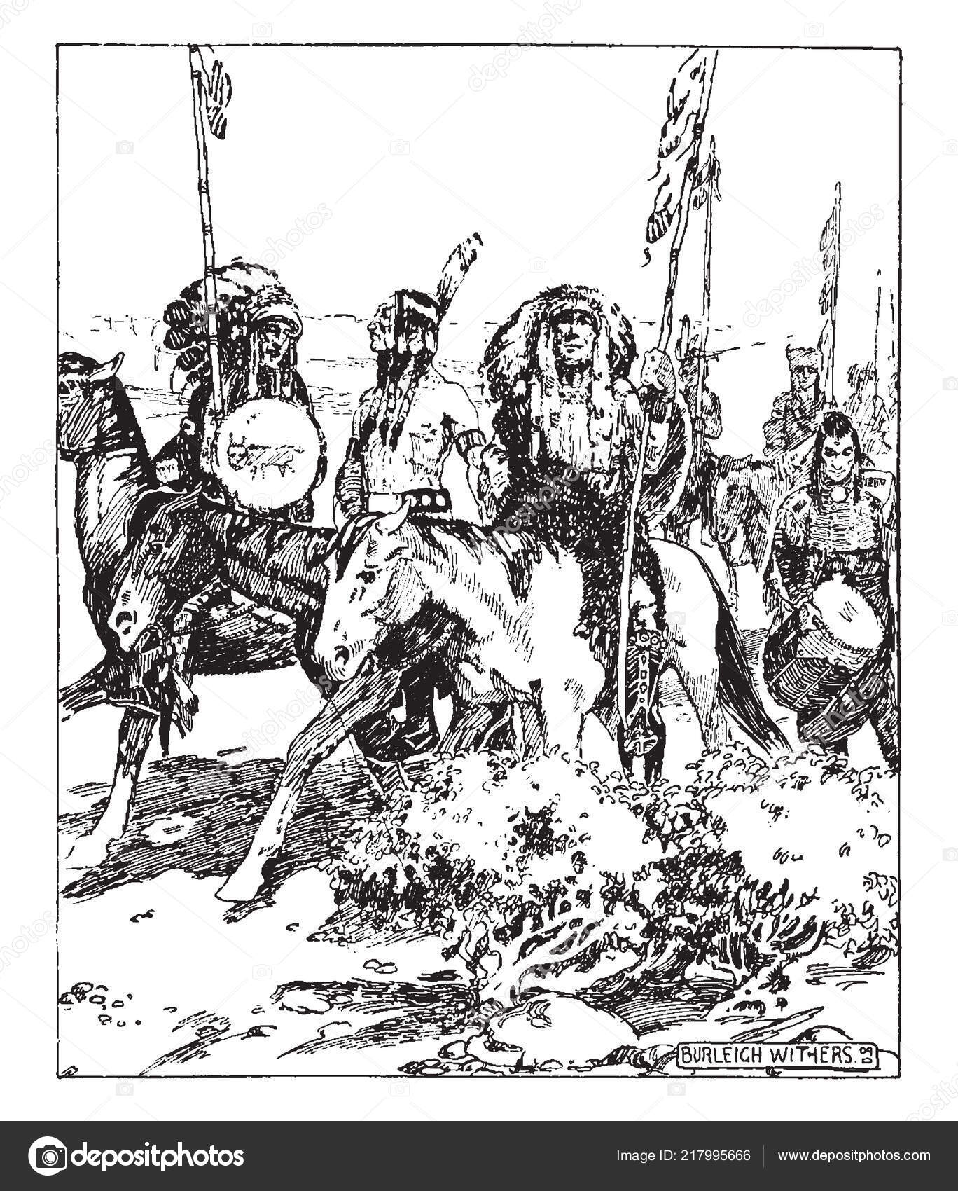 Warriors Flags Riding Horses Vintage Line Drawing Engraving ...