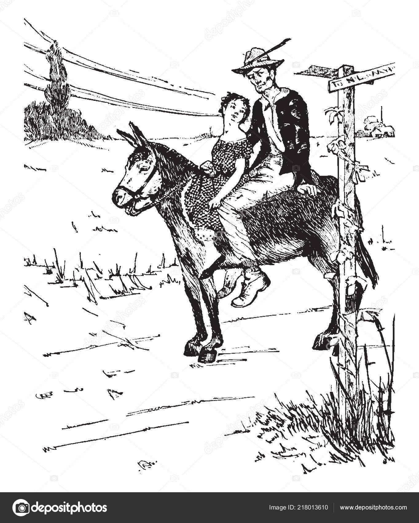 Man Woman Together Riding Donkey Vintage Line Drawing Engraving ...