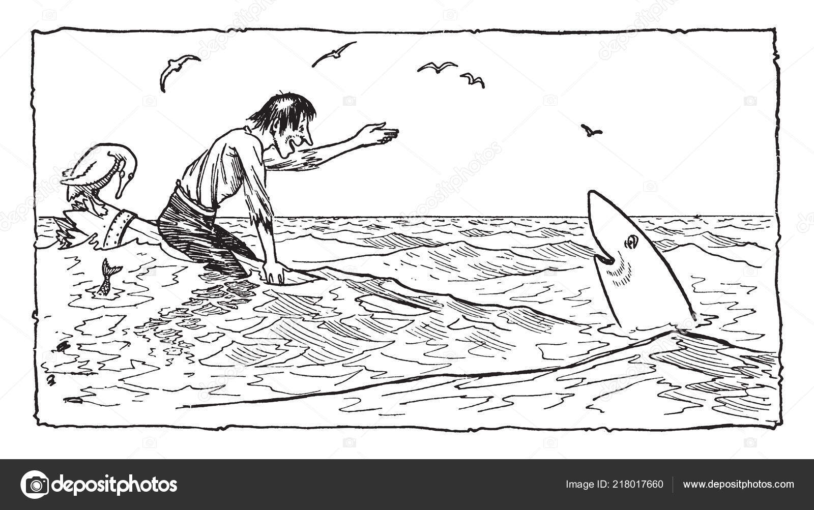 Man Feeling Scared Shark Time Swimming Vintage Line Drawing Engraving ...