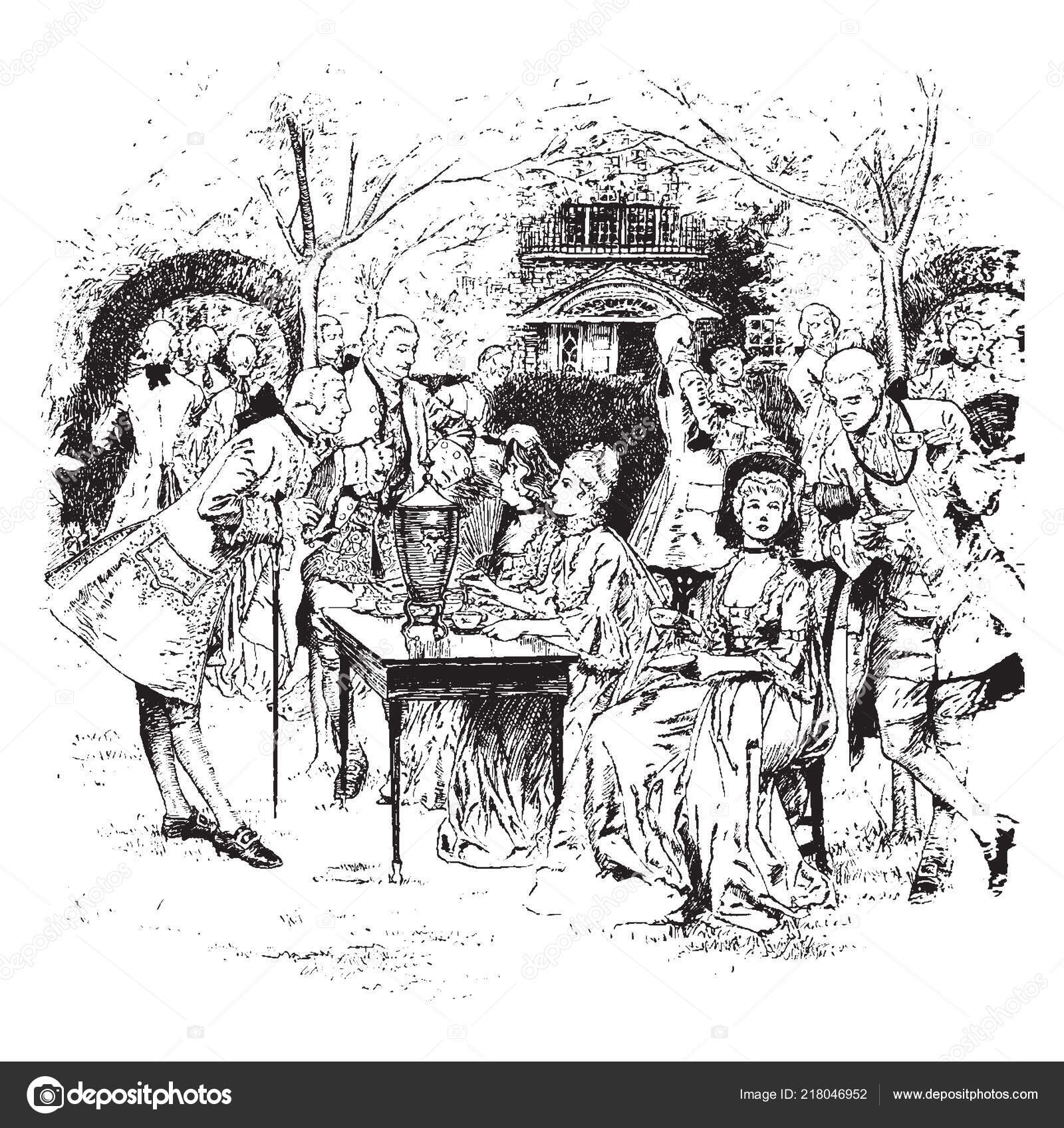 Tea Party Colonial New England Vintage Line Drawing Engraving ...