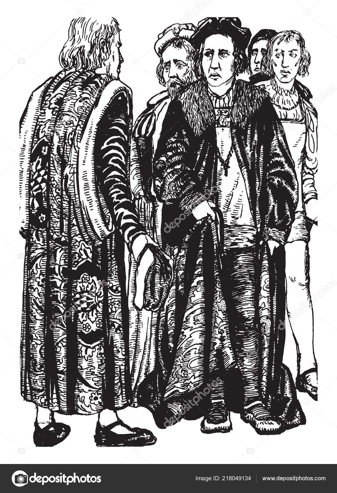 Man Talking Four Men Standing Front Him Vintage Line Drawing Stock ...