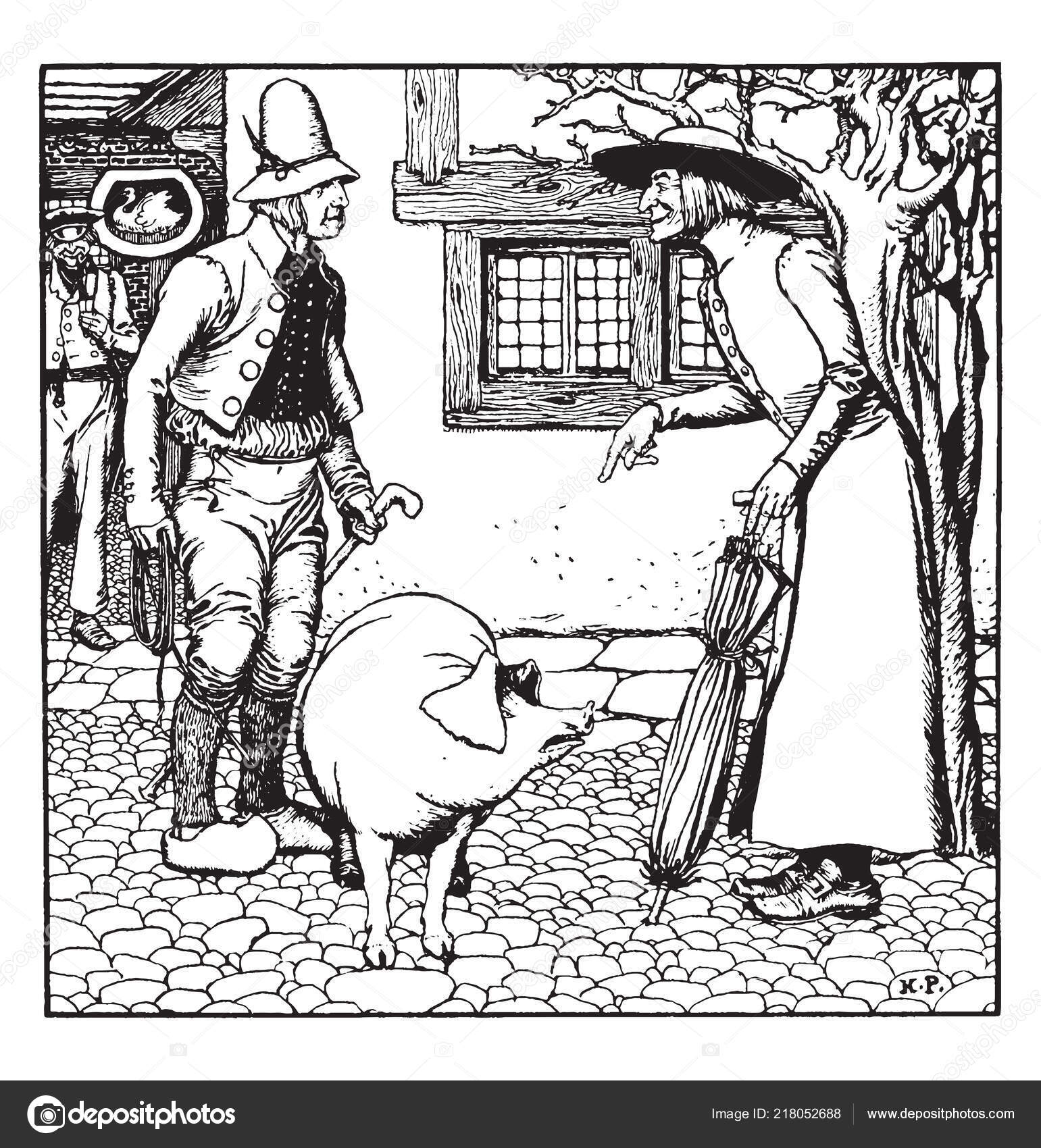 Two Men Pig Man Holding Umbrella Vintage Line Drawing Engraving Stock ...