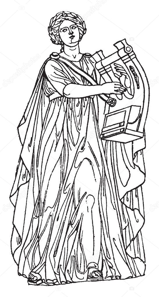 Dios de la música griega Apolo tocando lira, dibujo de línea vintage o ...