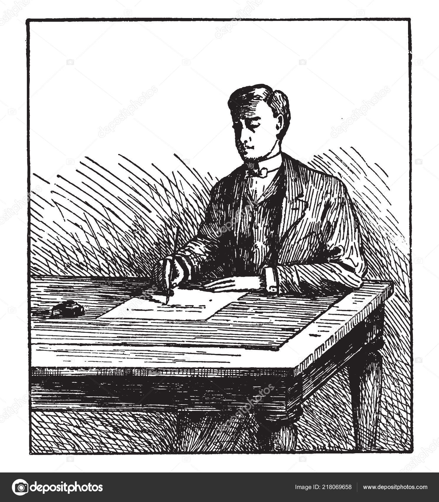 Man Writing Table Seated Table Writing Writing Ink Pen Vintage Stock ...