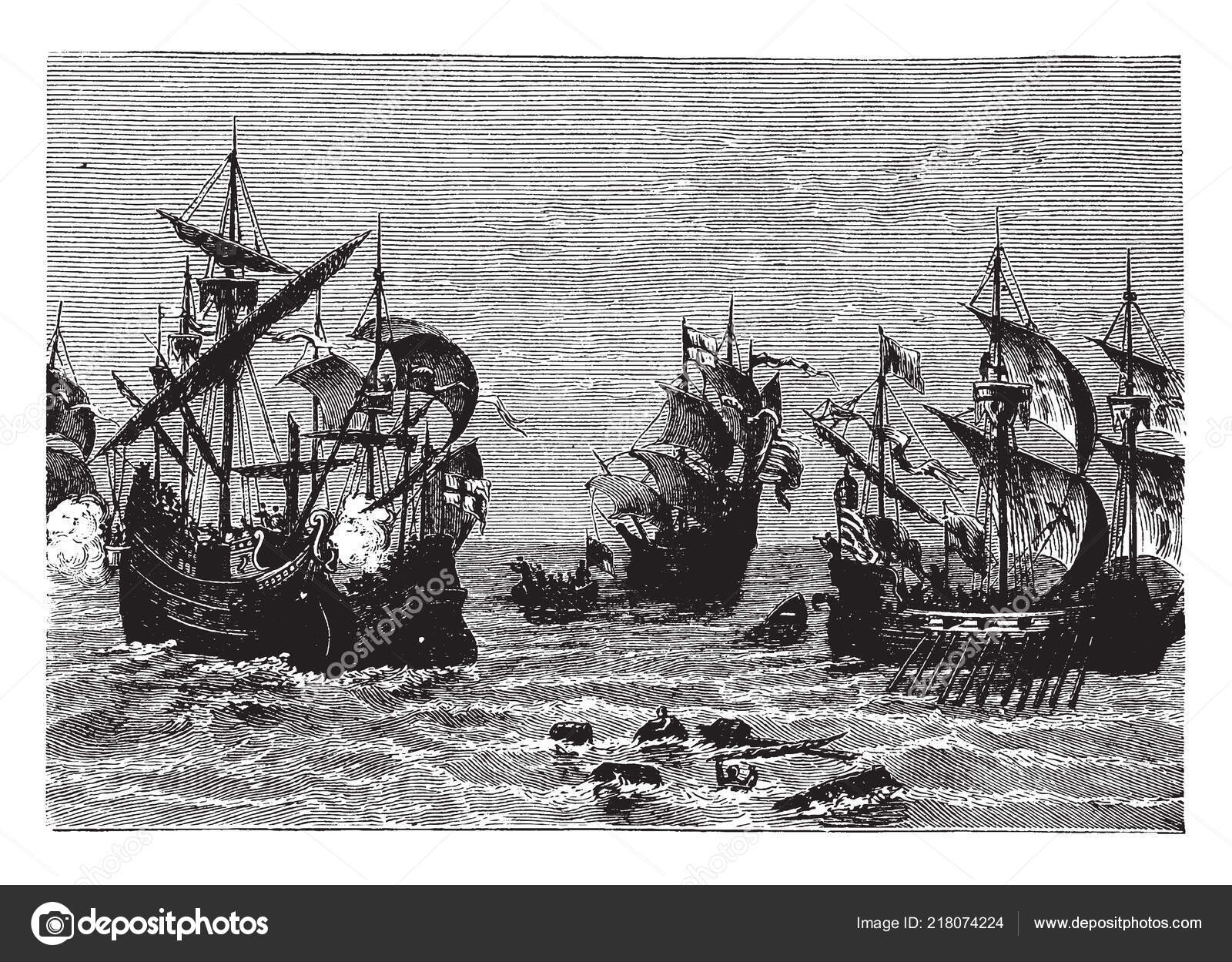 Image Represents Spanish English Ships Sails War Vintage Line Drawing ...