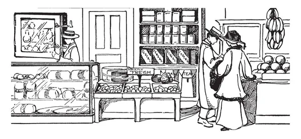 In A food shop, Customer is buying the fresh food, vintage line drawing ...