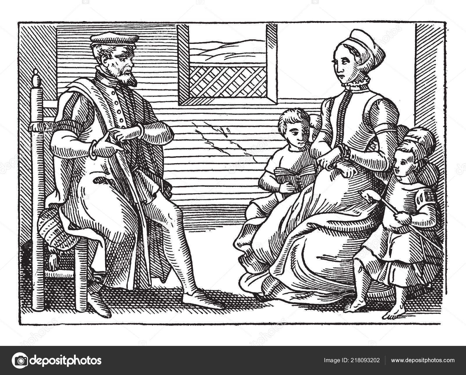 Puritan Family Vintage Line Drawing Engraving Illustration Stock ...