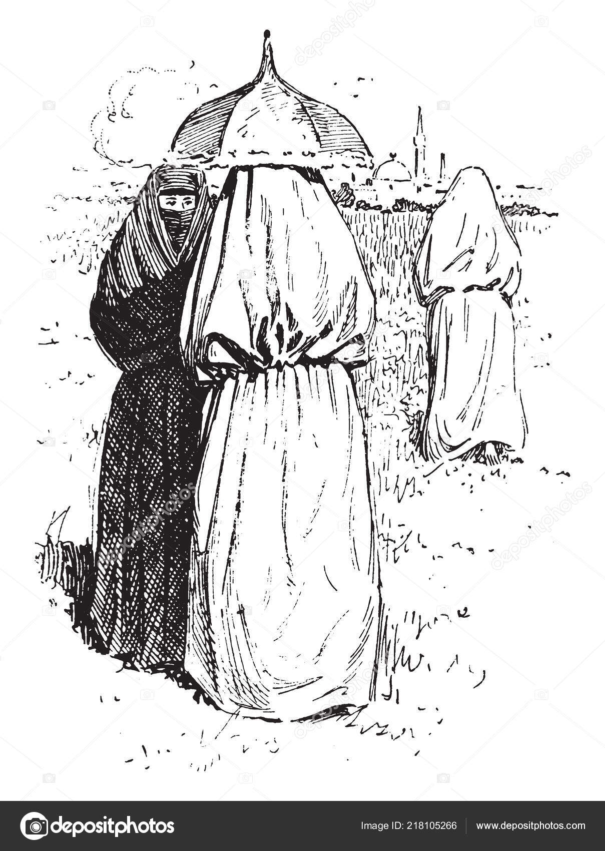 Turkish Women Who Have Heads Faces Wrapped Vintage Line Drawing Stock ...
